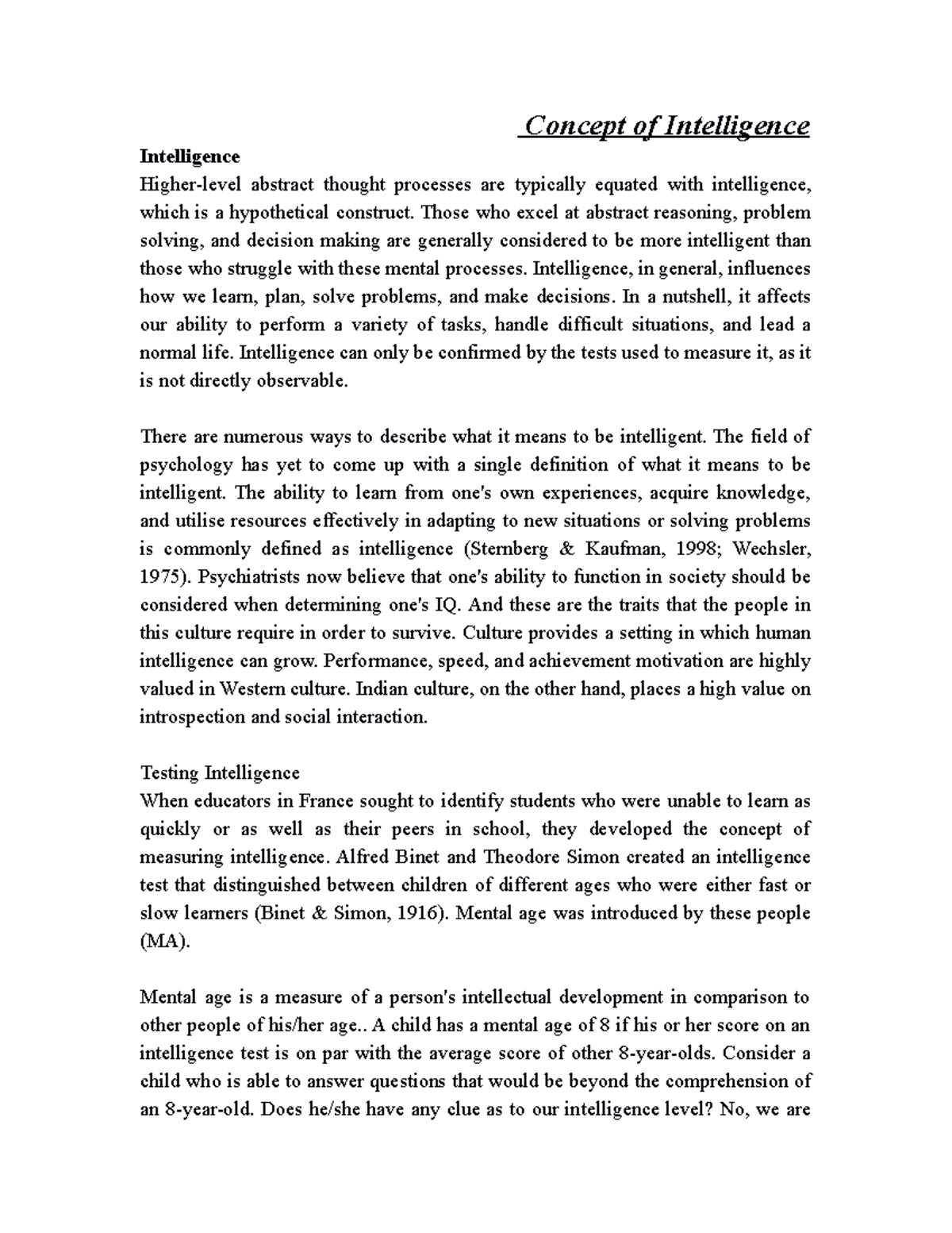 Concept of Intelligence - Concept of Intelligence Intelligence Higher ...