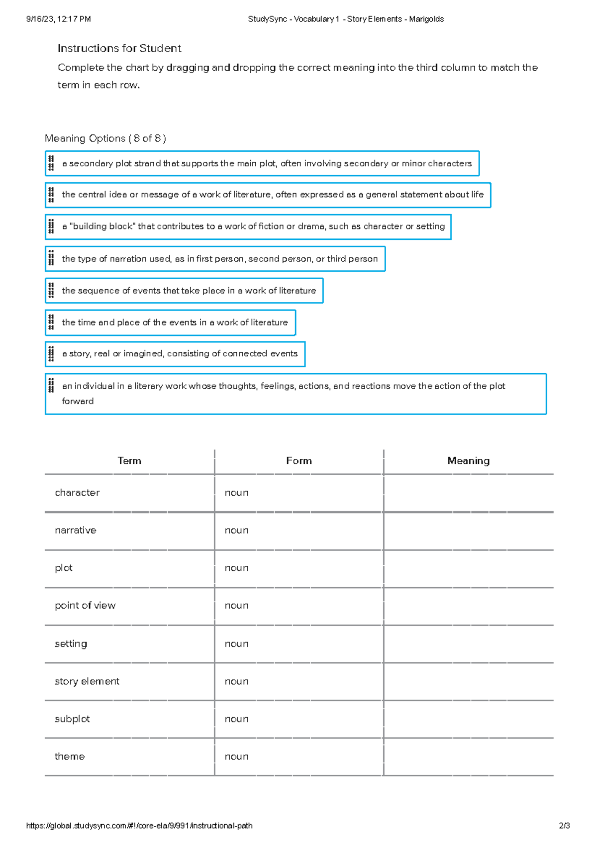 Marigolds vocab worksheet (Story elements) - lesson 2 - 9/16/23, 12:17 ...