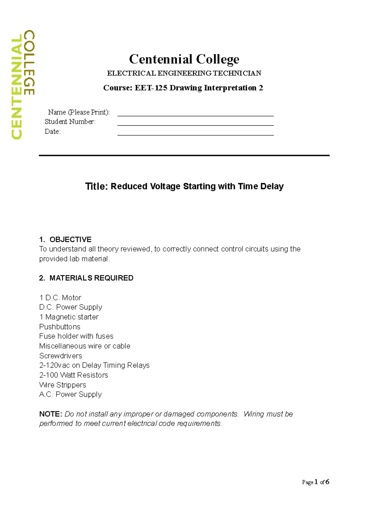 Lab 9 Reduced Voltage Starting with timer delay - Centennial College ELECTRICAL ENGINEERING ...