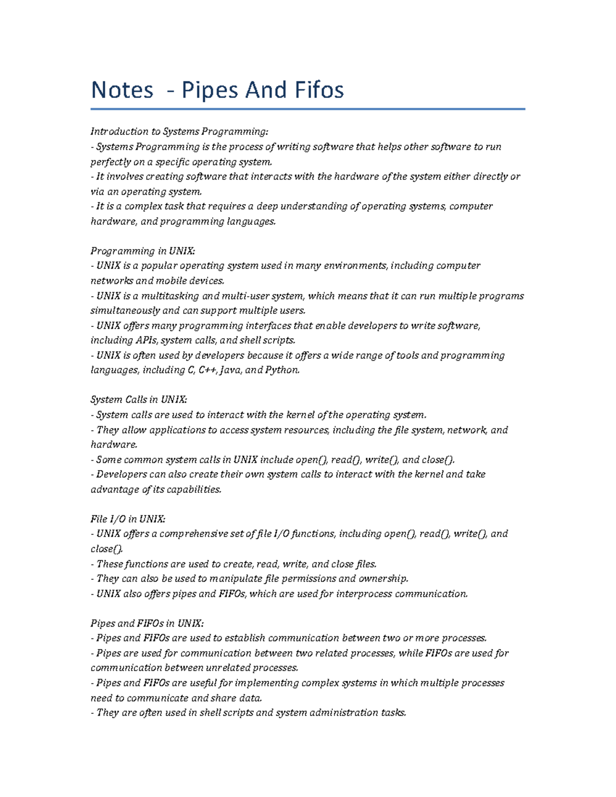 Lecture Notes Pipes And Fifos Notes Pipes And Fifos Introduction To Systems Programming 