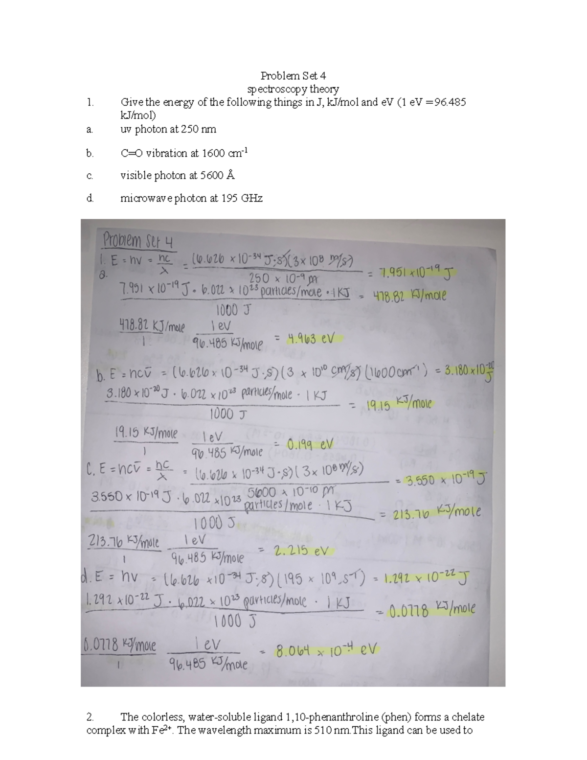 Problem Set 4 Completed Homework Set Problem Set 4 Spectroscopy Theory Give The Energy Of