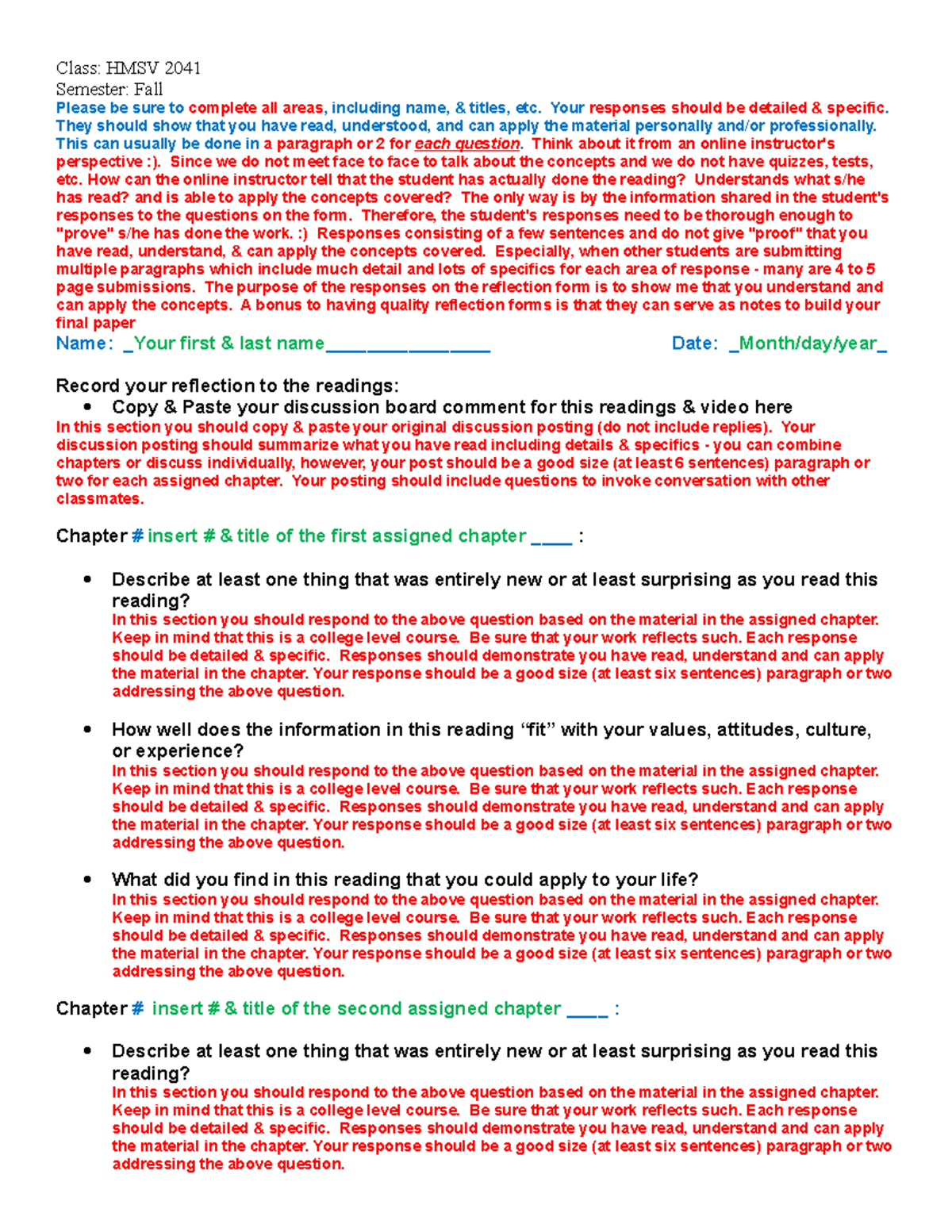 Reflection Form Details - Class: HMSV 2041 Semester: Fall Please be ...