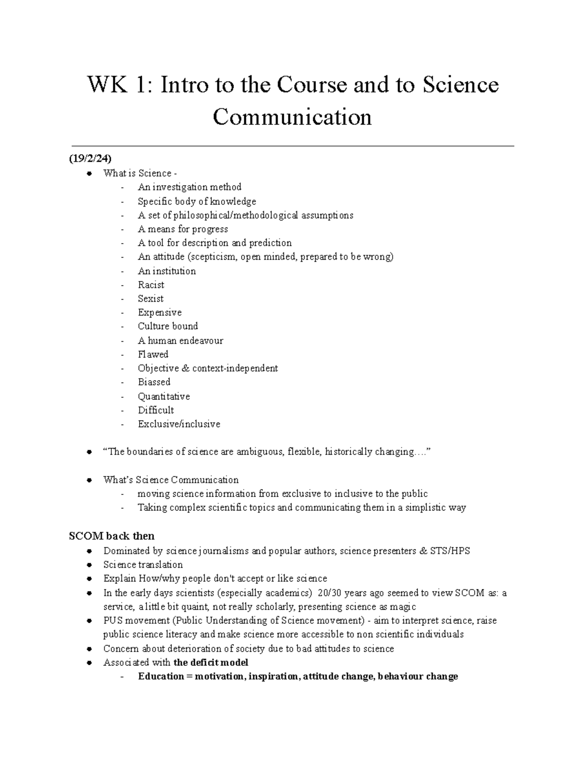 WK1 Intro to course and science communication - WK 1: Intro to the Course and to Science - Studocu