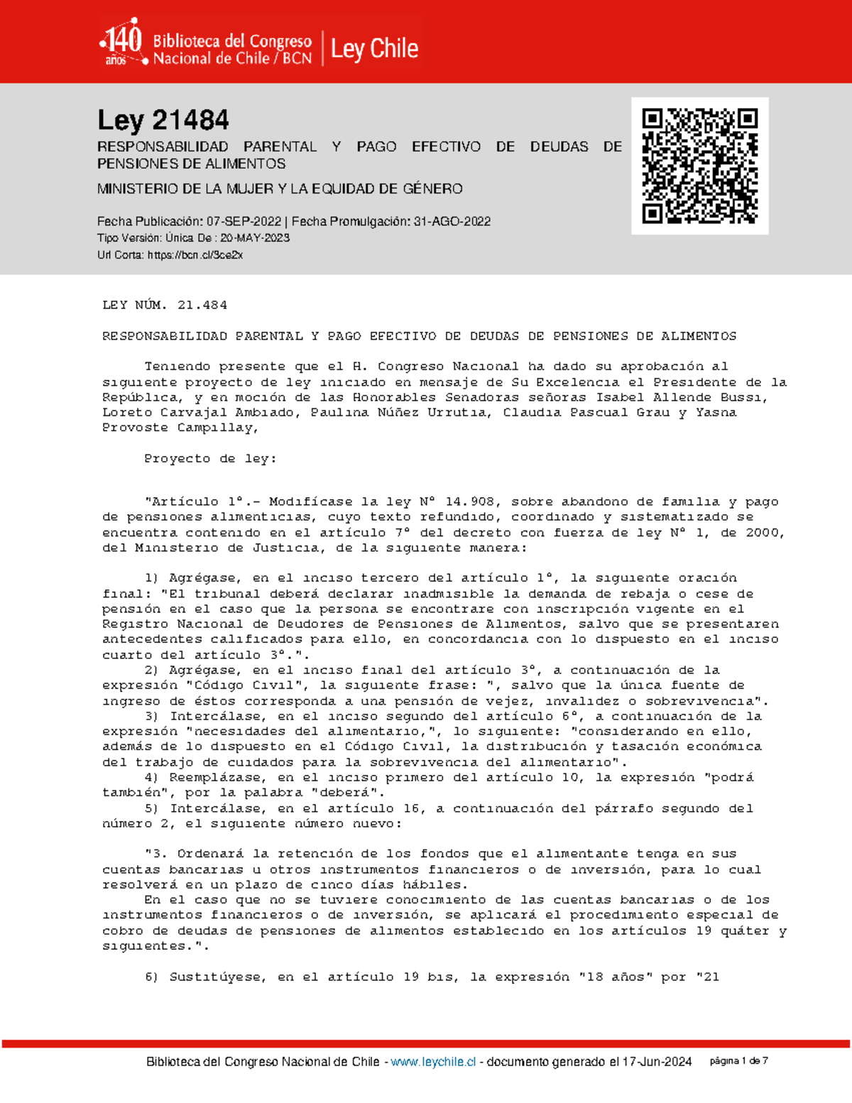 Ley-21484 07-SEP-2022 - Ley 21484 RESPONSABILIDAD PARENTAL Y PAGO ...