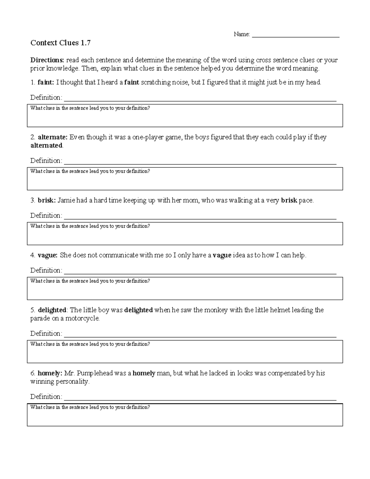 Context clues worksheet 1 7 - Name ...