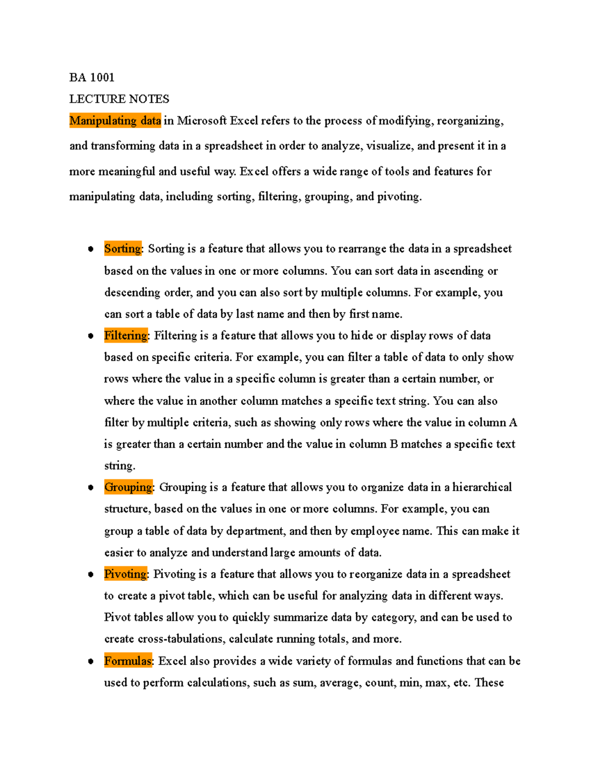 Manipulating Data Ba 1001 Lecture Notes Ba 1001 Lecture Notes Manipulating Data In Microsoft