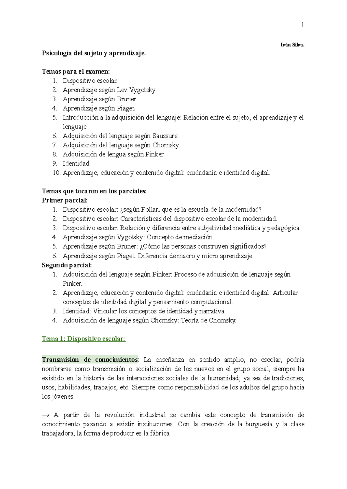 Examen PSAaaaaaa - Resumen Psicología, Sujeto y Aprendizaje - Iván Silva. Psicología del sujeto ...