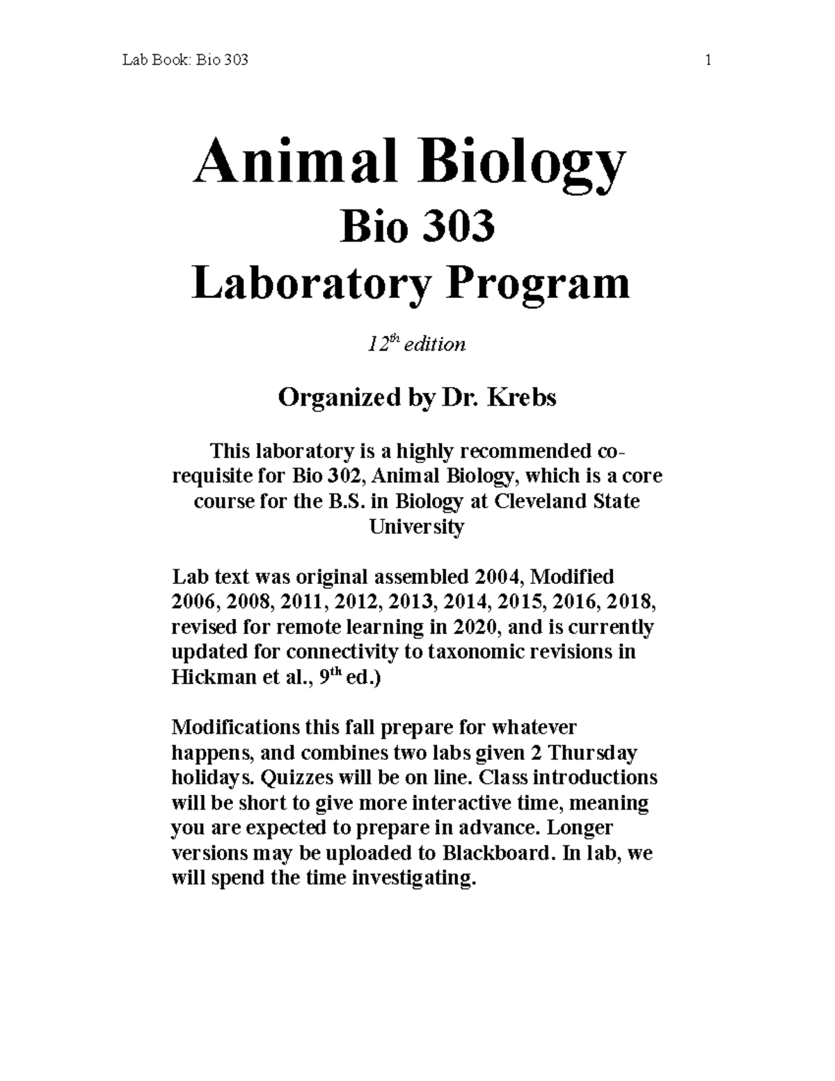 2021 Lab Book Bio303 a (1) - Animal Biology Bio 303 Laboratory Program ...