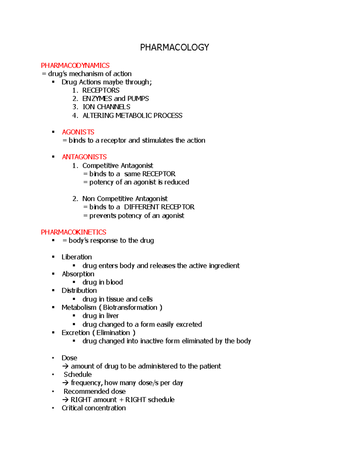 CA1 Pharmacology Handout - PHARMACOLOGY PHARMACODYNAMICS = drug’s ...