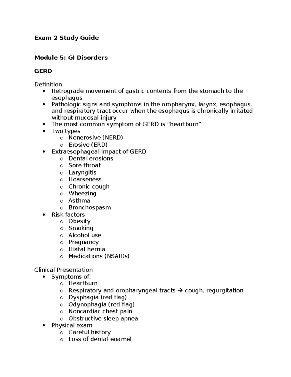 Exam 2 Study Guide - Exam 2 Study Guide Module 5: GI Disorders GERD ...