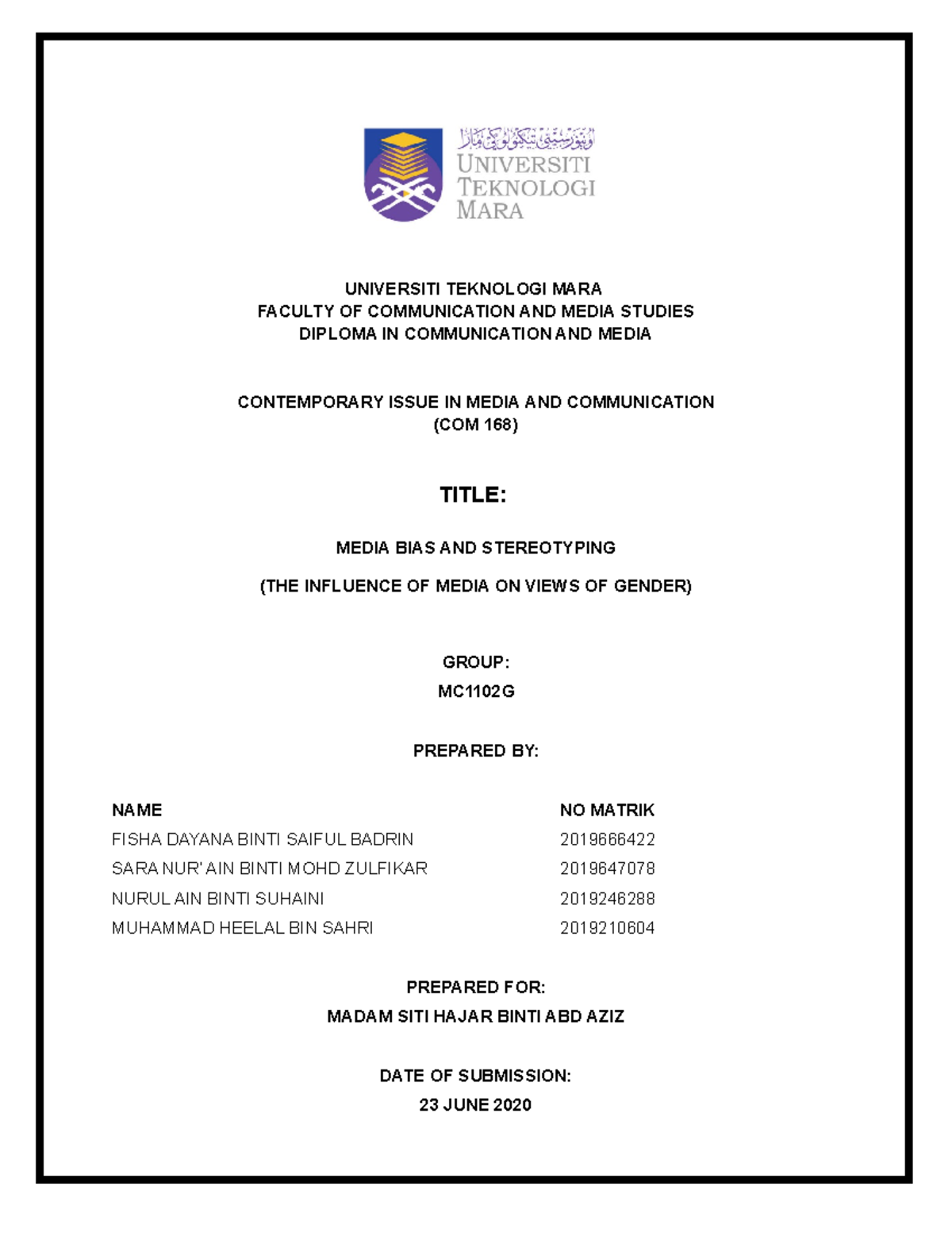 Sample Report COM168 Group 6 - UNIVERSITI TEKNOLOGI MARA FACULTY OF ...