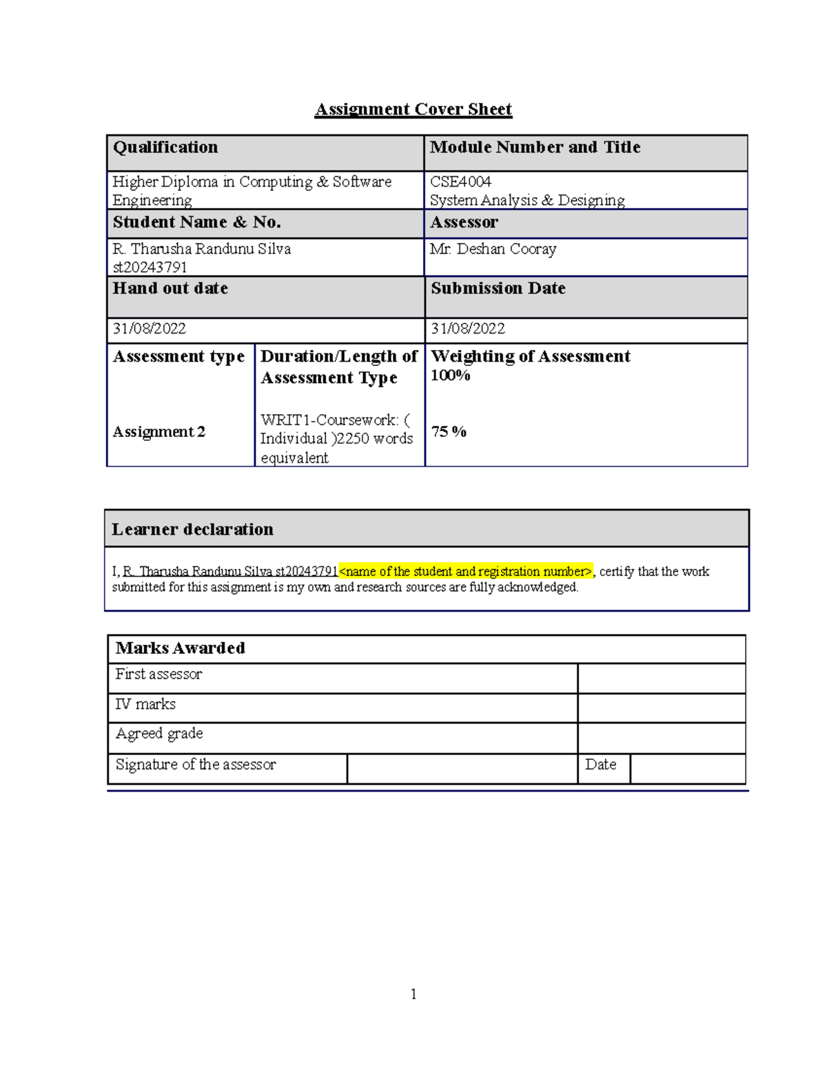 SAD ST20243791 - Computer related assignments. - Assignment Cover Sheet ...