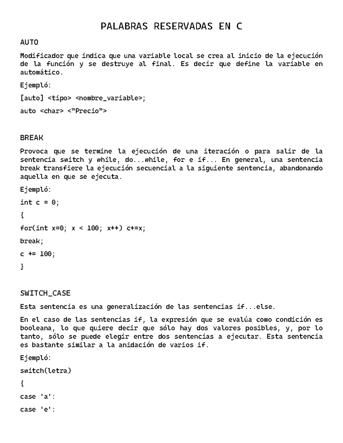 Palabras Reservadas EN C - PALABRAS RESERVADAS EN C AUTO Modificador ...