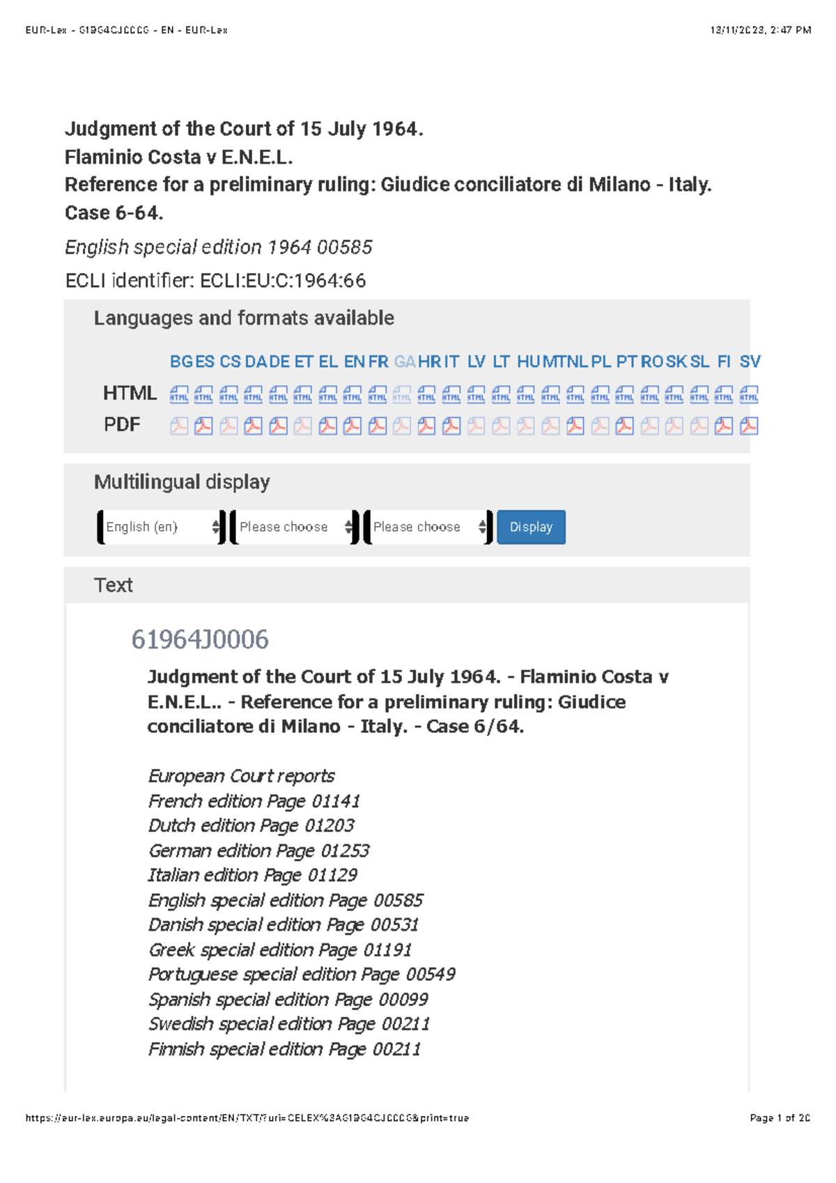 Costa v ENEL - case note - Judgment of the Court of 15 July 1964 ...