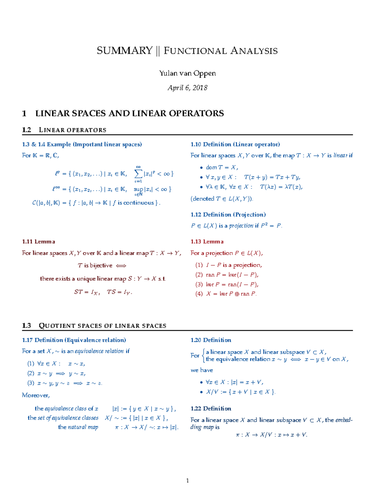 Summary (Functional Analysis) - SUMMARY‖FUNCTIONALANALYSIS Yulan van Oppen April 6, 2018 1 ...