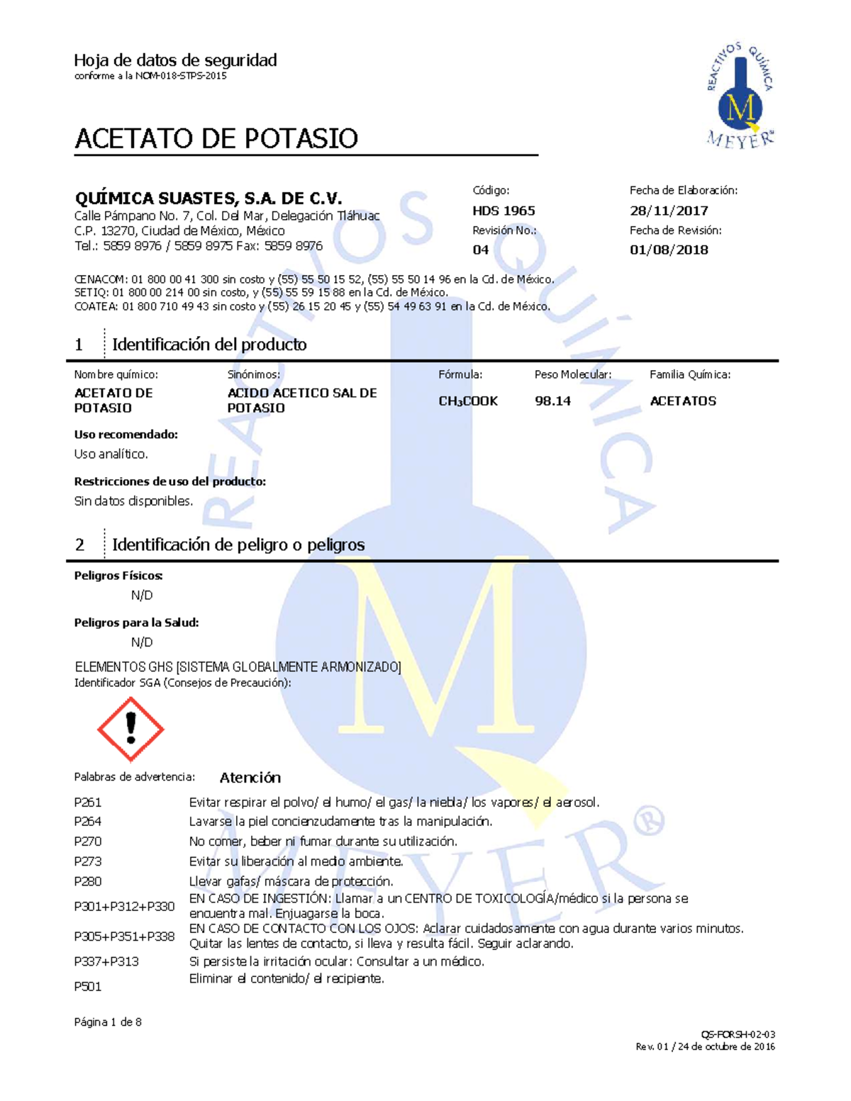 Acetato DE Potasio - Hoja de datos de seguridad - conforme a la NOM-018 ...