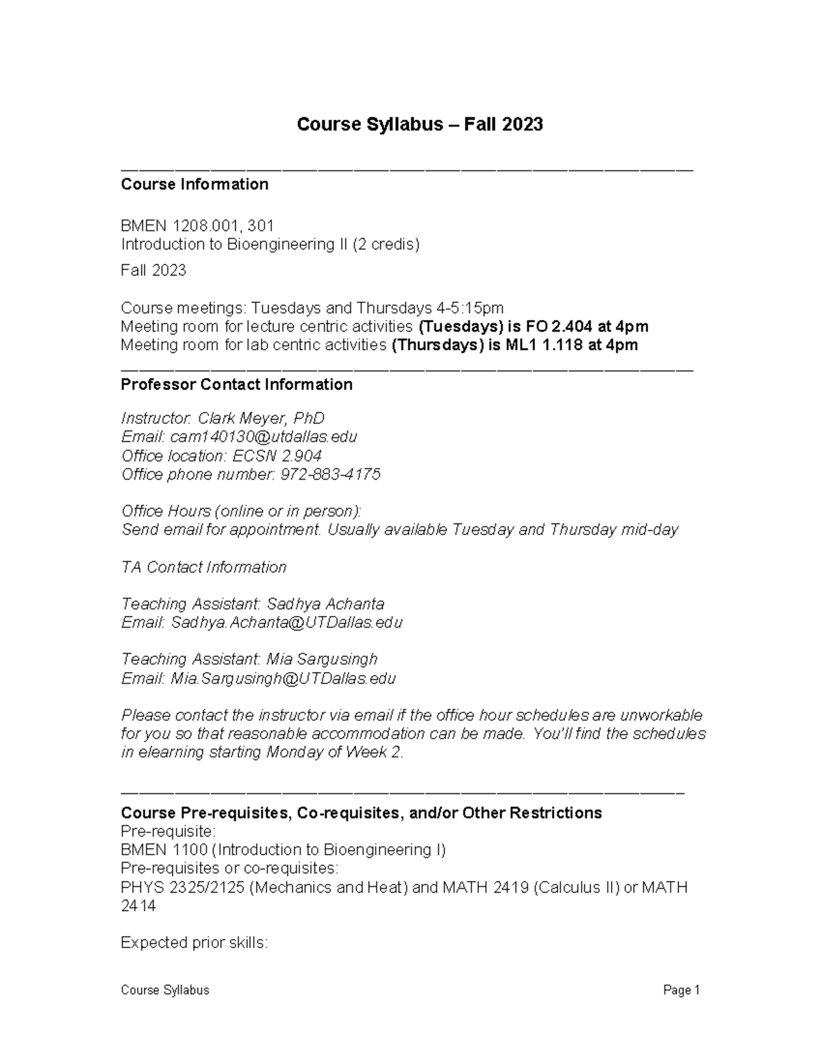BMEN1208 Syllabus Fall 2022 v2 - Course Syllabus – Fall 2023 - Studocu