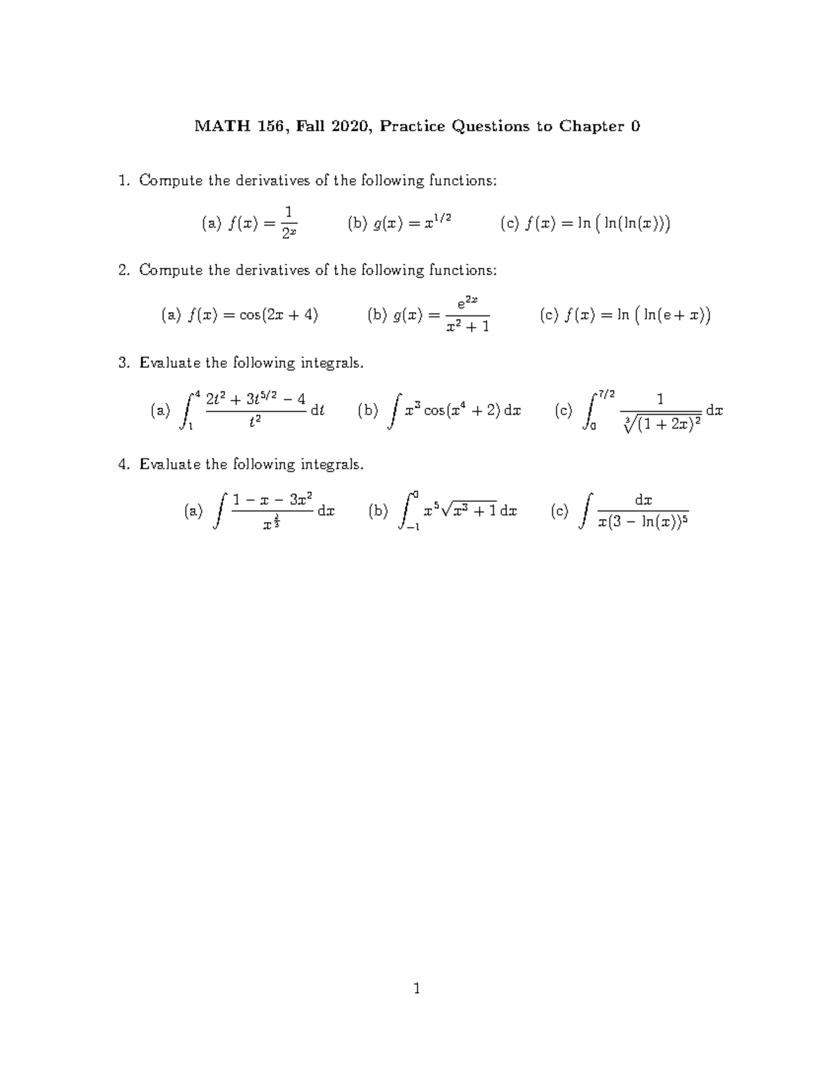 MATH 156 Fall 2020 Practice Questions and Solutions - Studocu