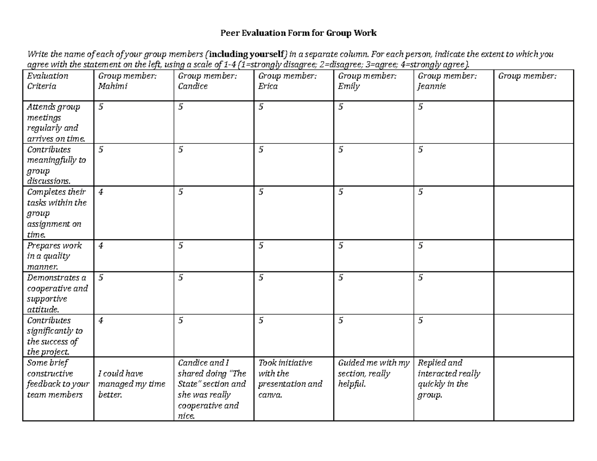 Peer Evaluation of Group Work - Peer Evaluation Form for Group Work ...