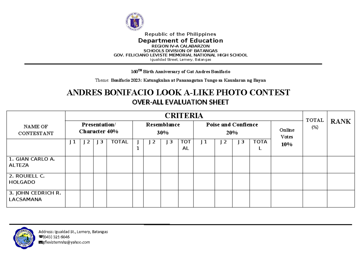 OVER ALL LOOK A LIKE Photo Contest Evaluation Sheet ok - Address ...