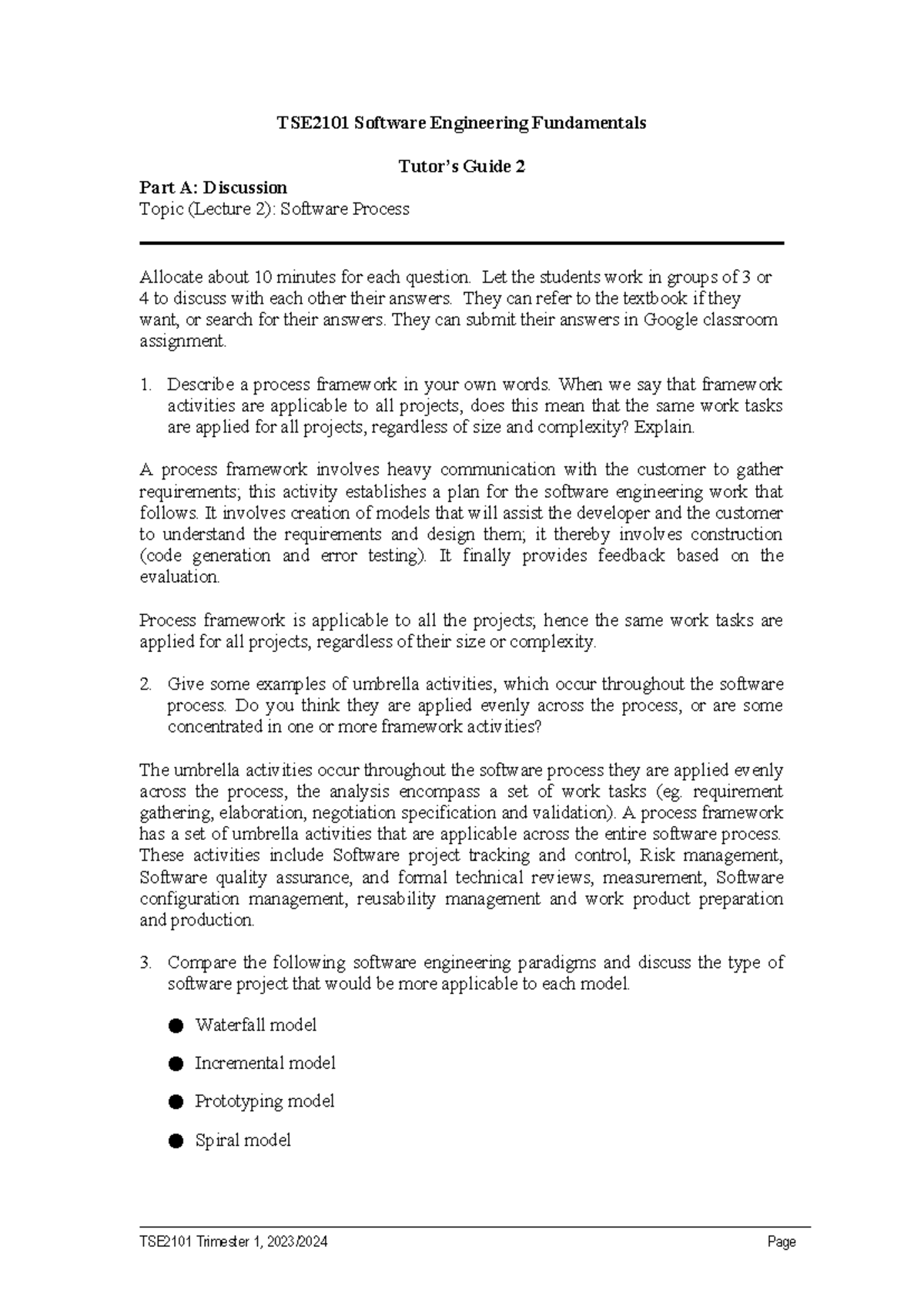 Tut Guide 02 - Tuto Sample Answer - TSE2101 Software Engineering Fundamentals Tutor’s Guide 2 ...
