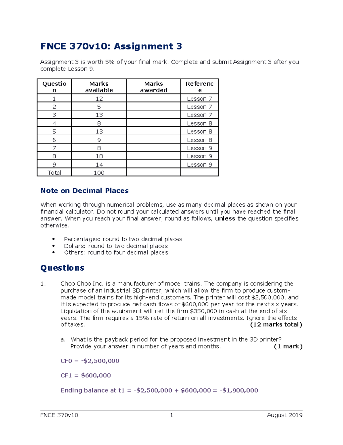 Solved fnce370 assign 3 - FNCE 370v10: Assignment 3 Assignment 3 is ...