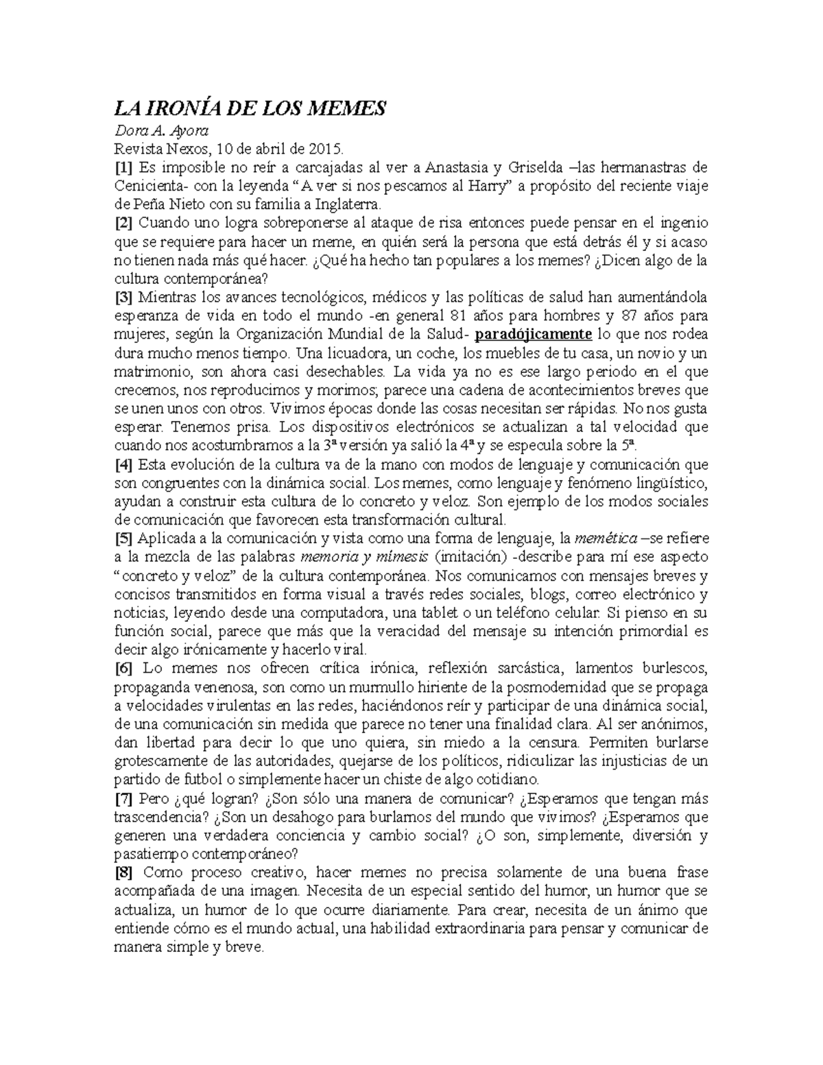 Texto Argumentativo LA Ironía DE LOS Memes - LA IRONÍA DE LOS MEMES ...