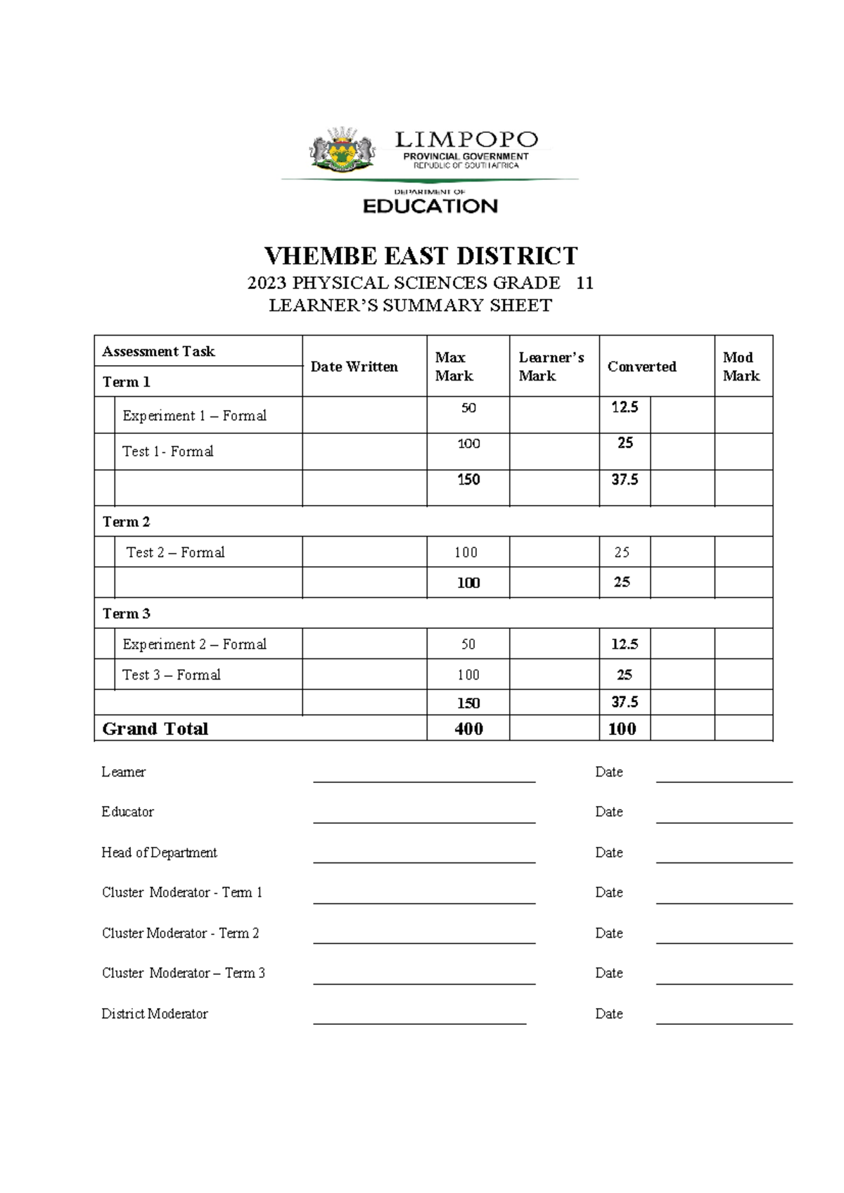 2023 PHSC GR 11 Learner's summary sheet (4) - Copy - Copy - VHEMBE EAST DISTRICT 2023 PHYSICAL ...