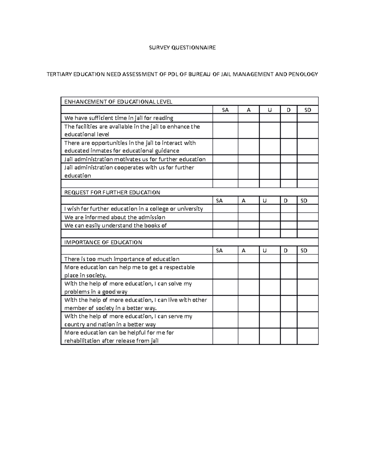 Survey Questionnaire - Need Assessment - SURVEY QUESTIONNAIRE TERTIARY ...