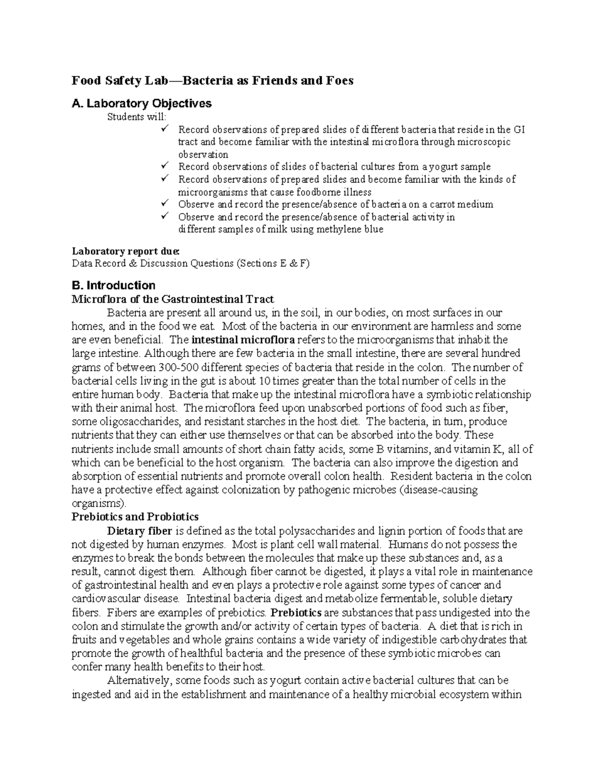 Food Safety Lab - Weekly lab - Food Safety Lab—Bacteria as Friends and ...