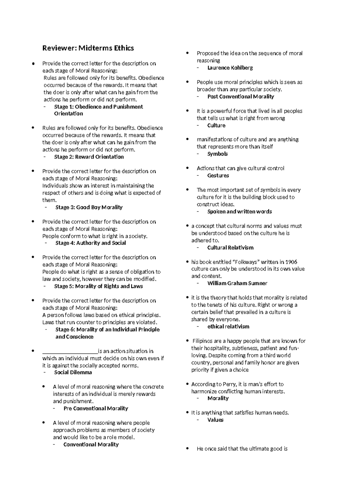 Ethics Reviewer - Reviewer: Midterms Ethics • Provide the correct letter for the description on ...