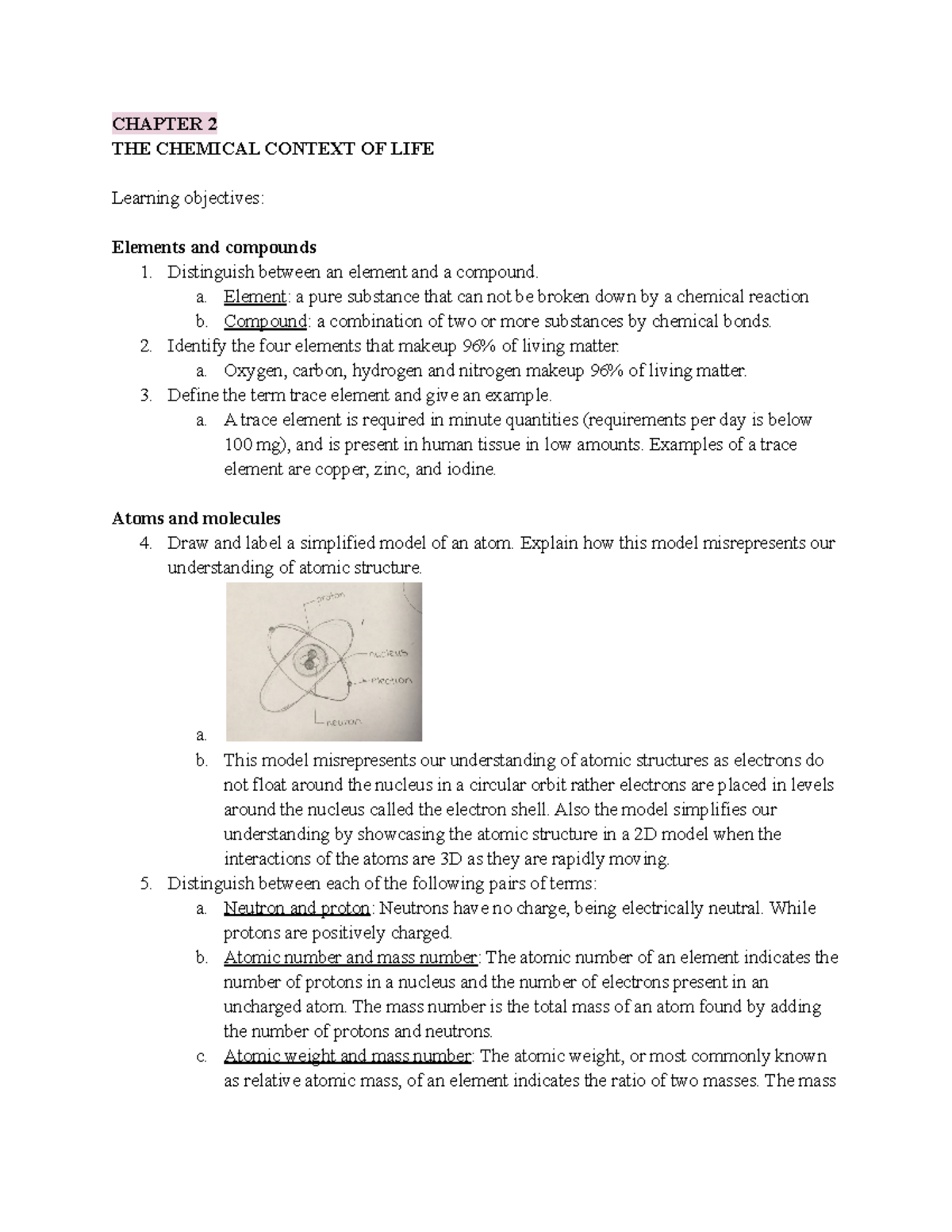 Chapter 2 - CHAPTER 2 THE CHEMICAL CONTEXT OF LIFE Learning objectives ...