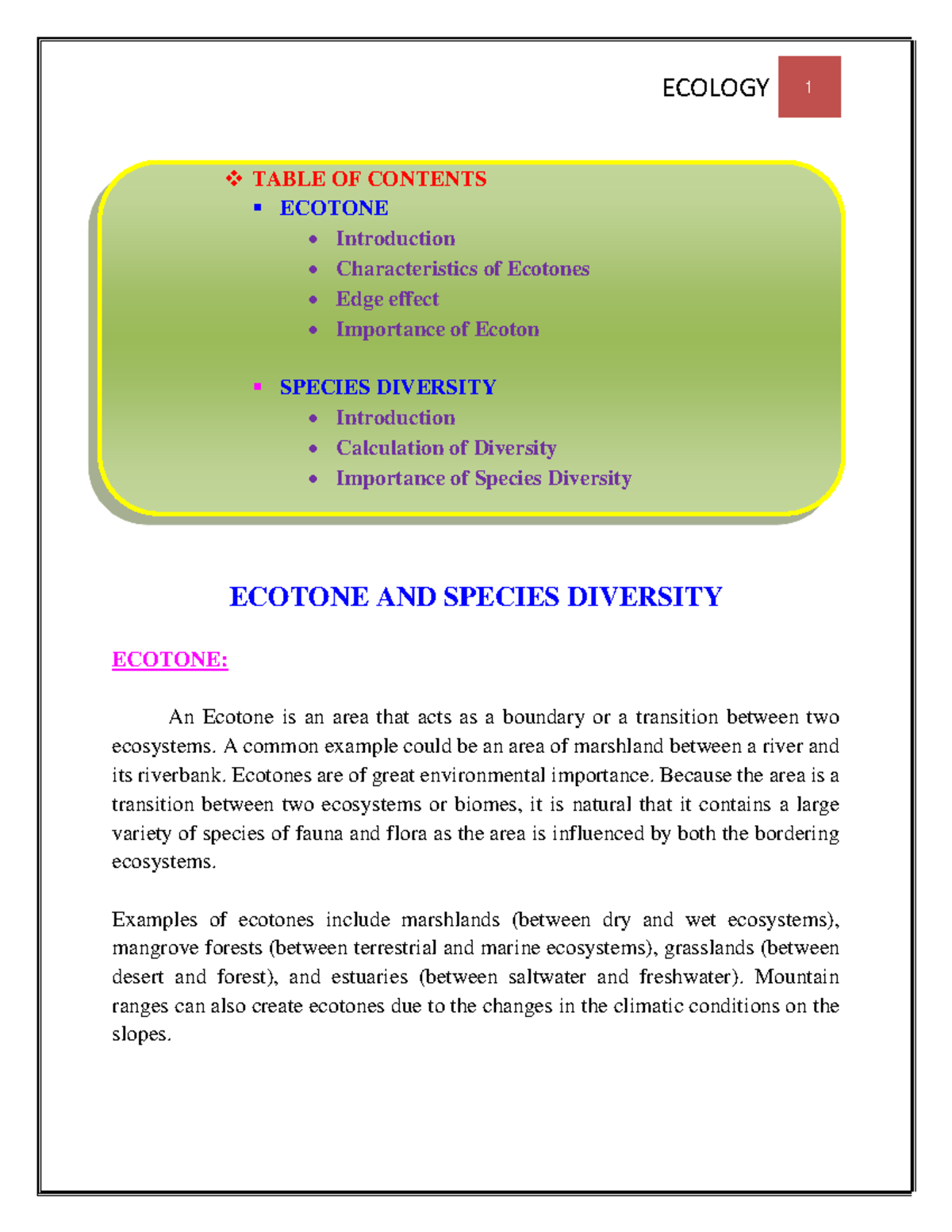 Ecoton and Species Diversity - TABLE OF CONTENTS ECOTONE Introduction ...
