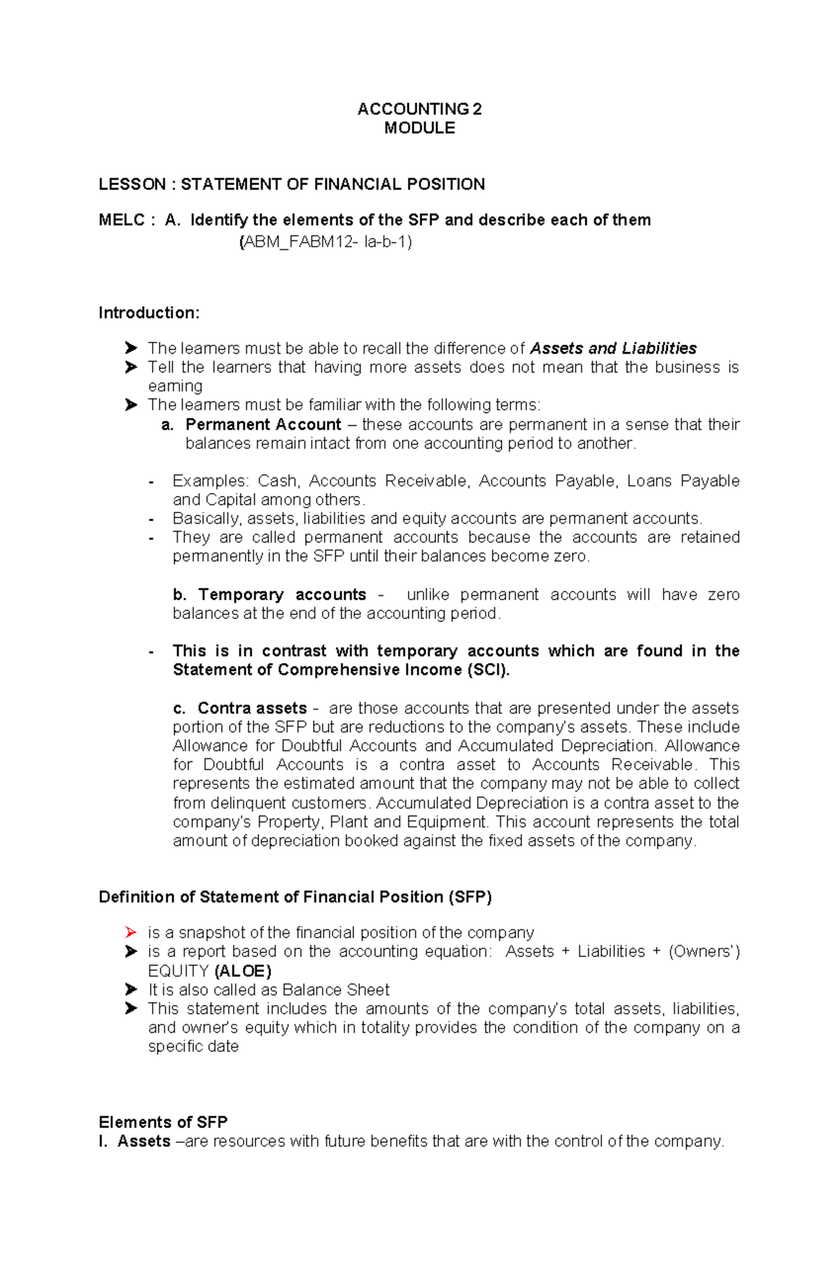 470657096 Lesson 1 SFP - FABM2 - ACCOUNTING 2 MODULE LESSON : STATEMENT ...