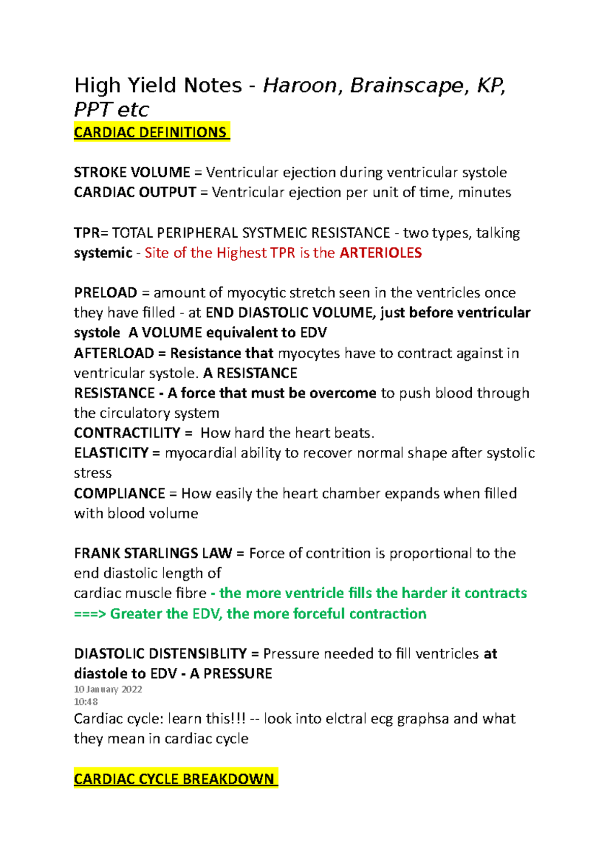 Cardiovascular High Yield Notes - High Yield Notes - Haroon, Brainscape ...