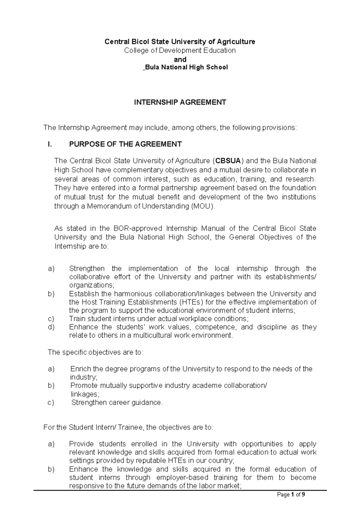 Revised Internship-Agreement-Plan Timeline - Central Bicol State ...