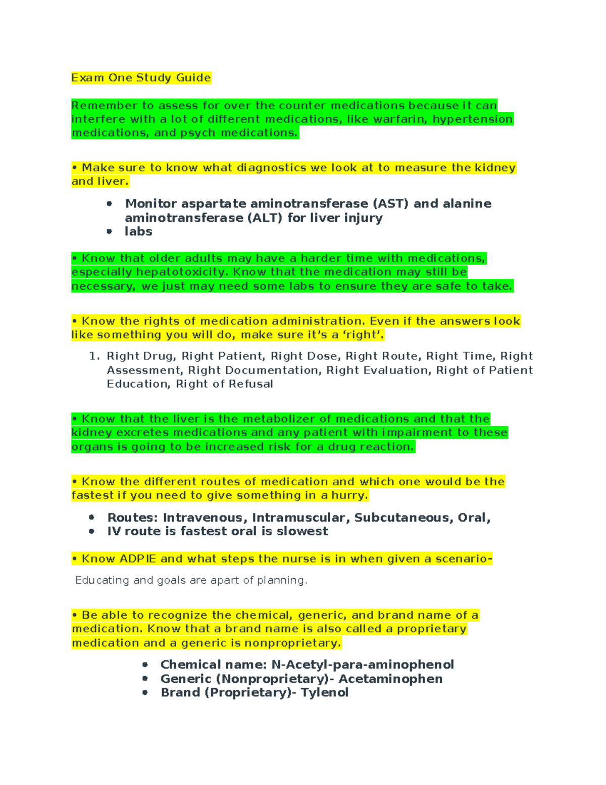 Exam One Study Guide - Exam One Study Guide Remember to assess for over ...