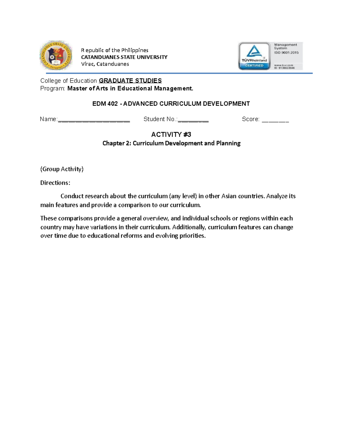 Group 2 activity Curr dev and planning - College of Education GRADUATE ...