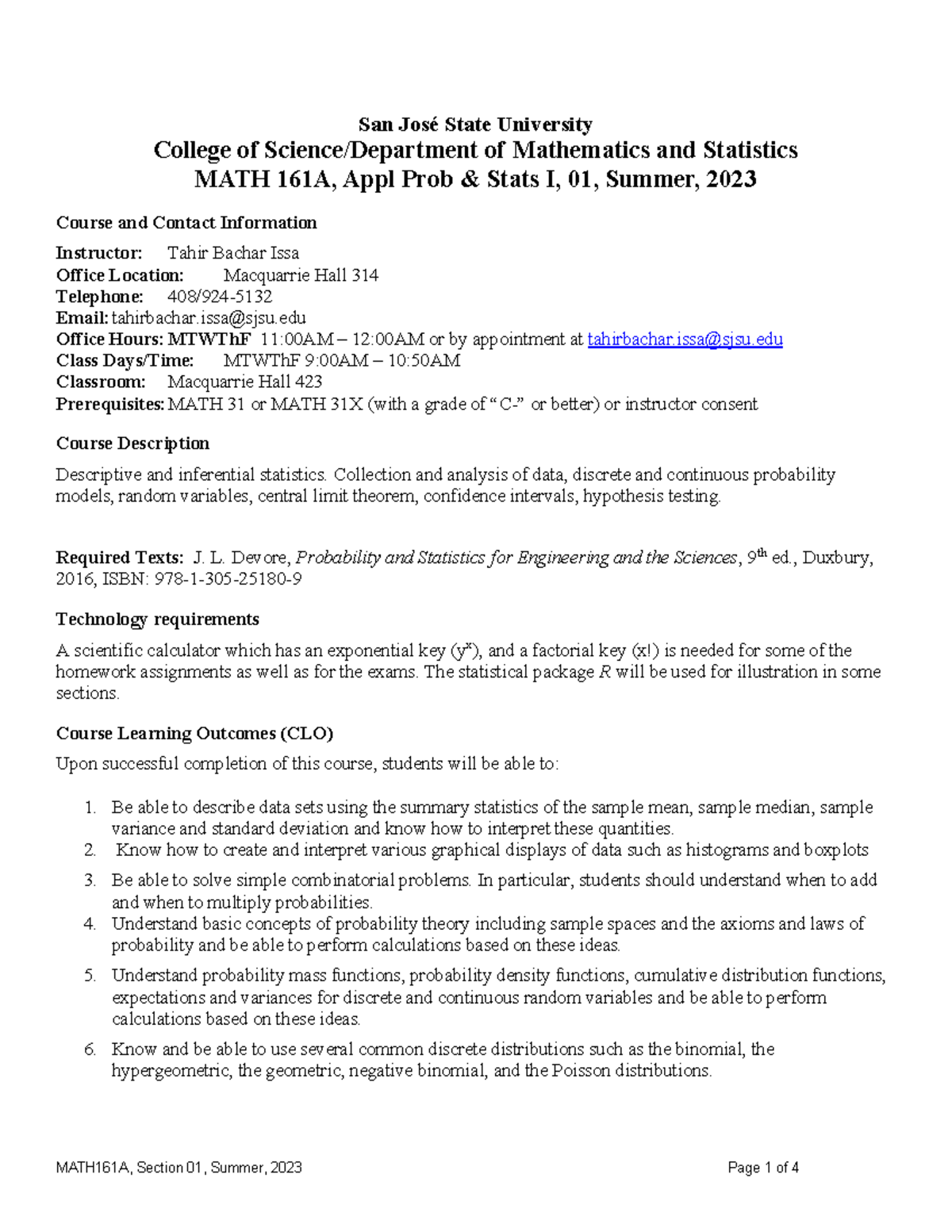 MATH 161A Syllabus - San José State University College of Science ...