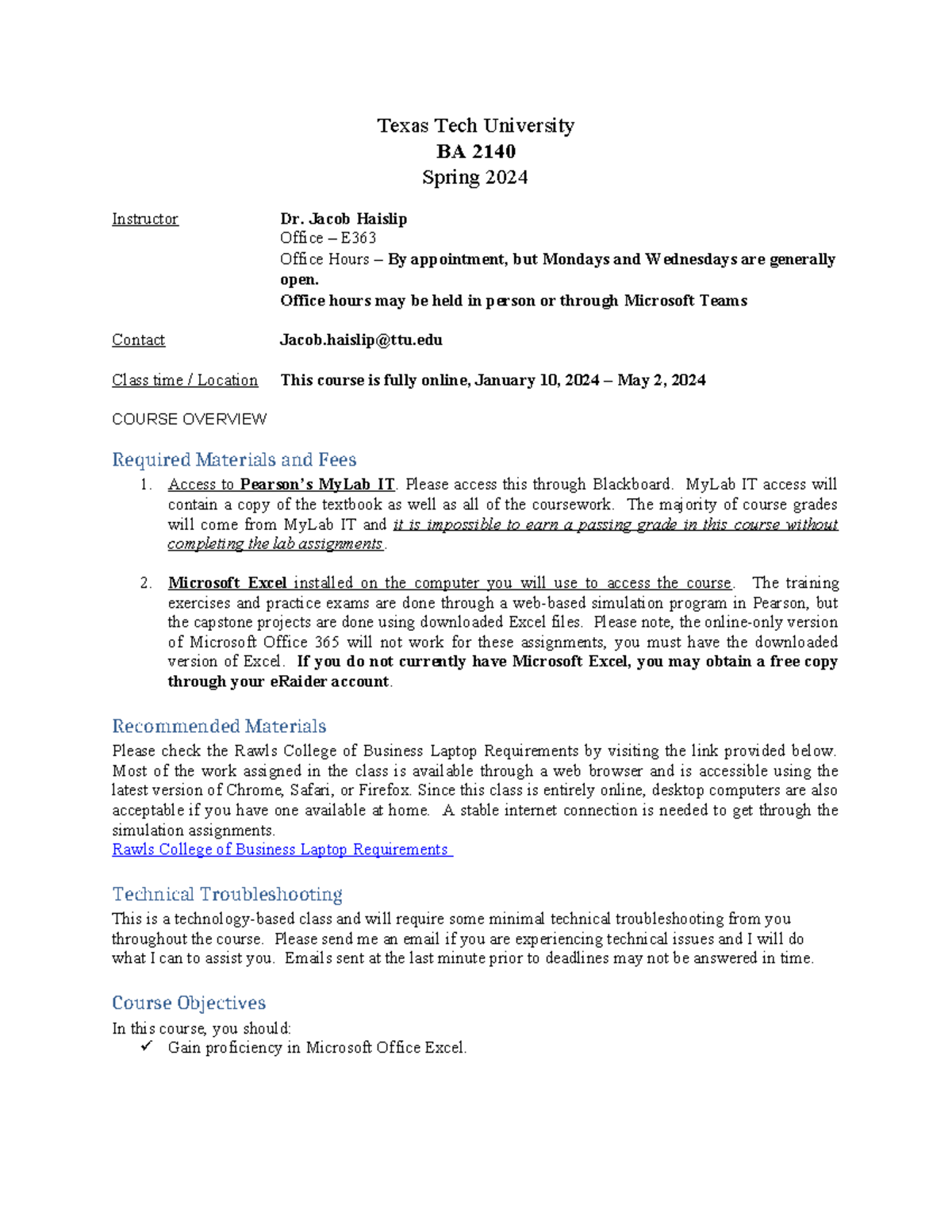 BA2140 Syllabus 2024 - Texas Tech University BA 2140 Spring 2024 ...