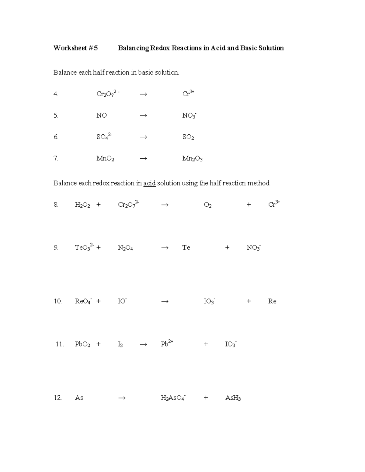 Balancing equations - Worksheet # 5 Balancing Redox Reactions in Acid ...