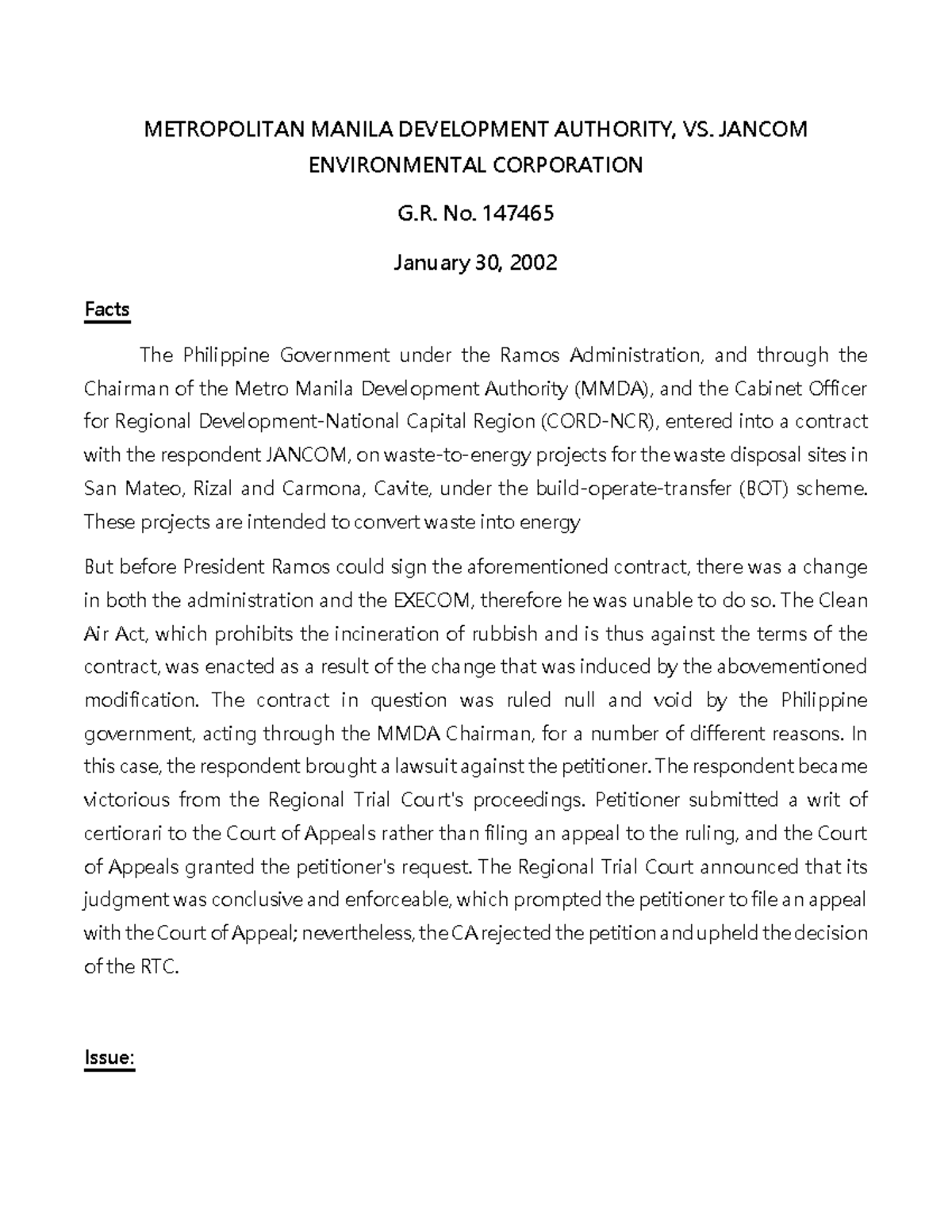 Case Digest Metropolitan Manila Development Authority, VS. Jancom ...