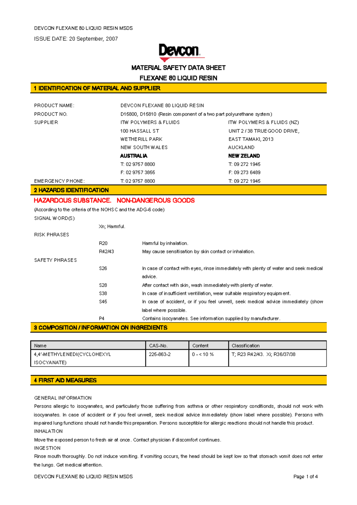 MSDS(D045) hoja de datos de seguridad - DEVCON FLEXANE 80 LIQUID RESIN MSDS DEVCON FLEXANE 80 ...