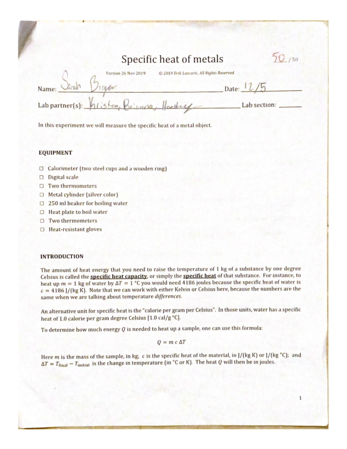 Specific heat of metals - PHY 111 - Studocu