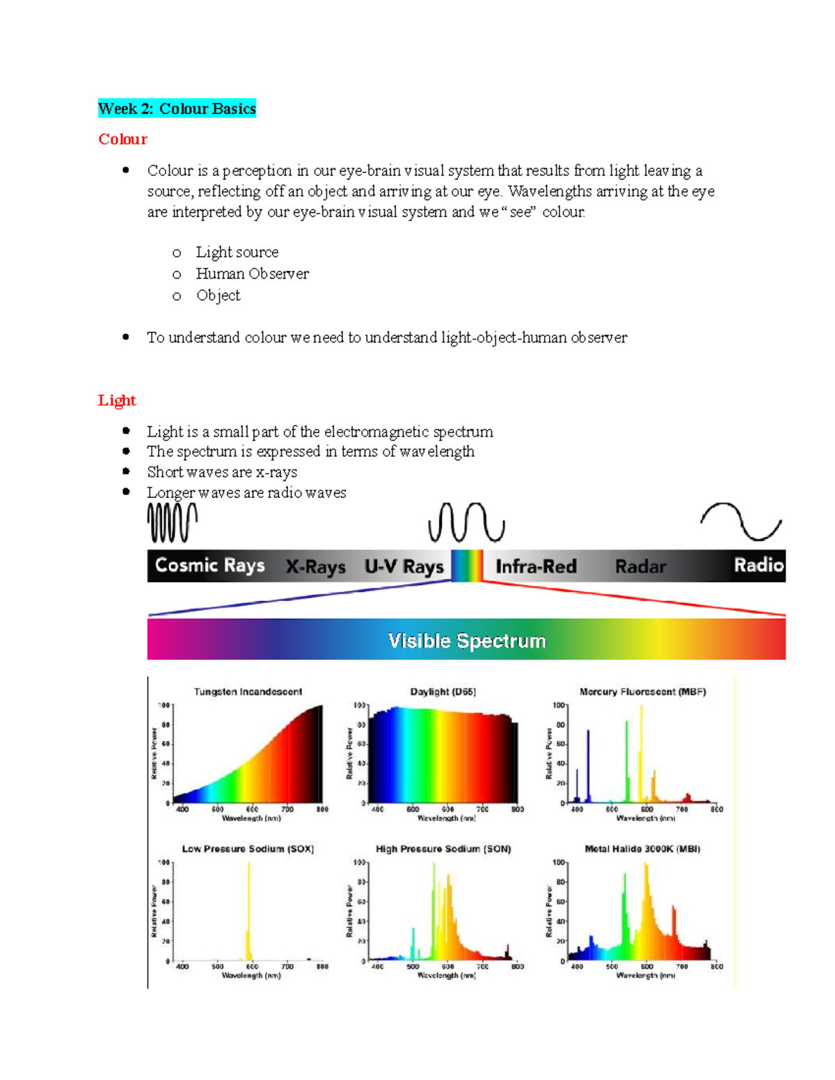 Week 2 notes - Week 2: Colour Basics Colour Colour is a perception in ...