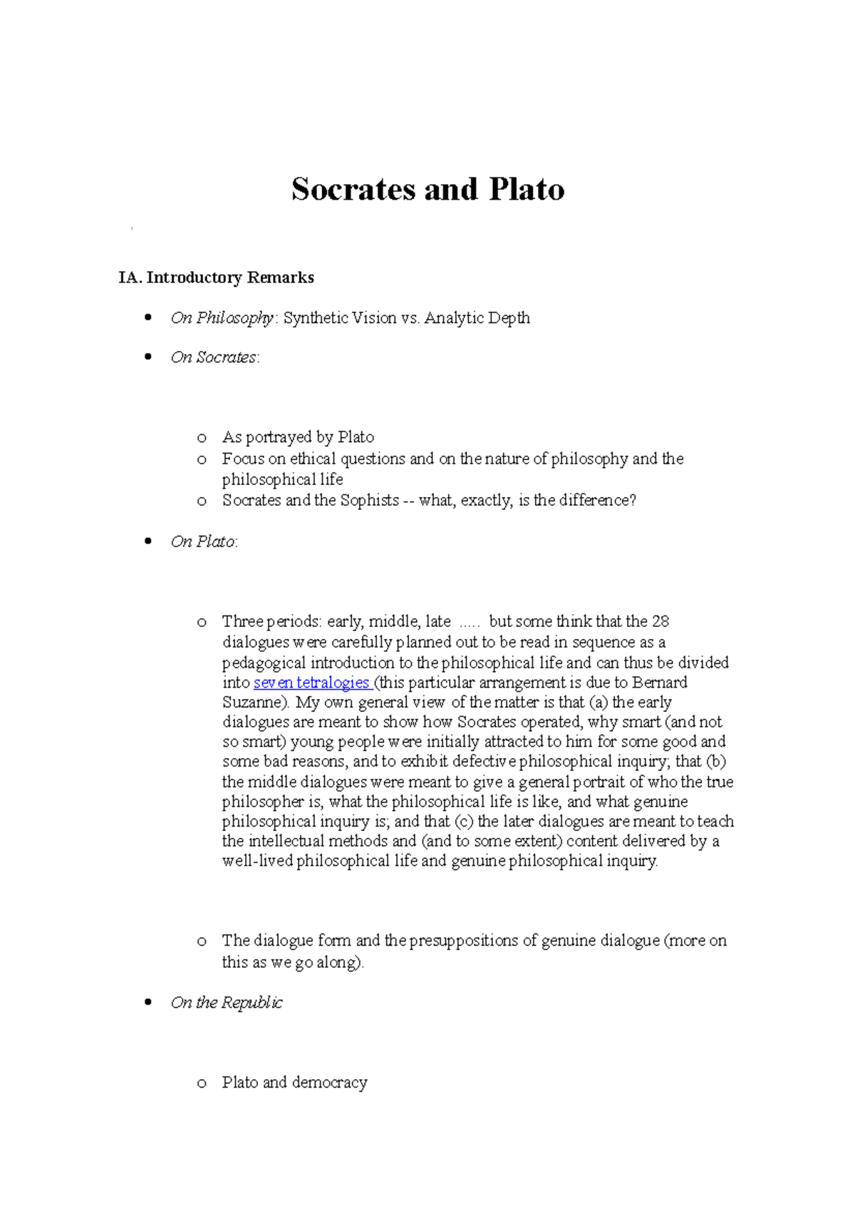 Socrates and Plato - Lecture notes 2 - Socrates and Plato IA ...