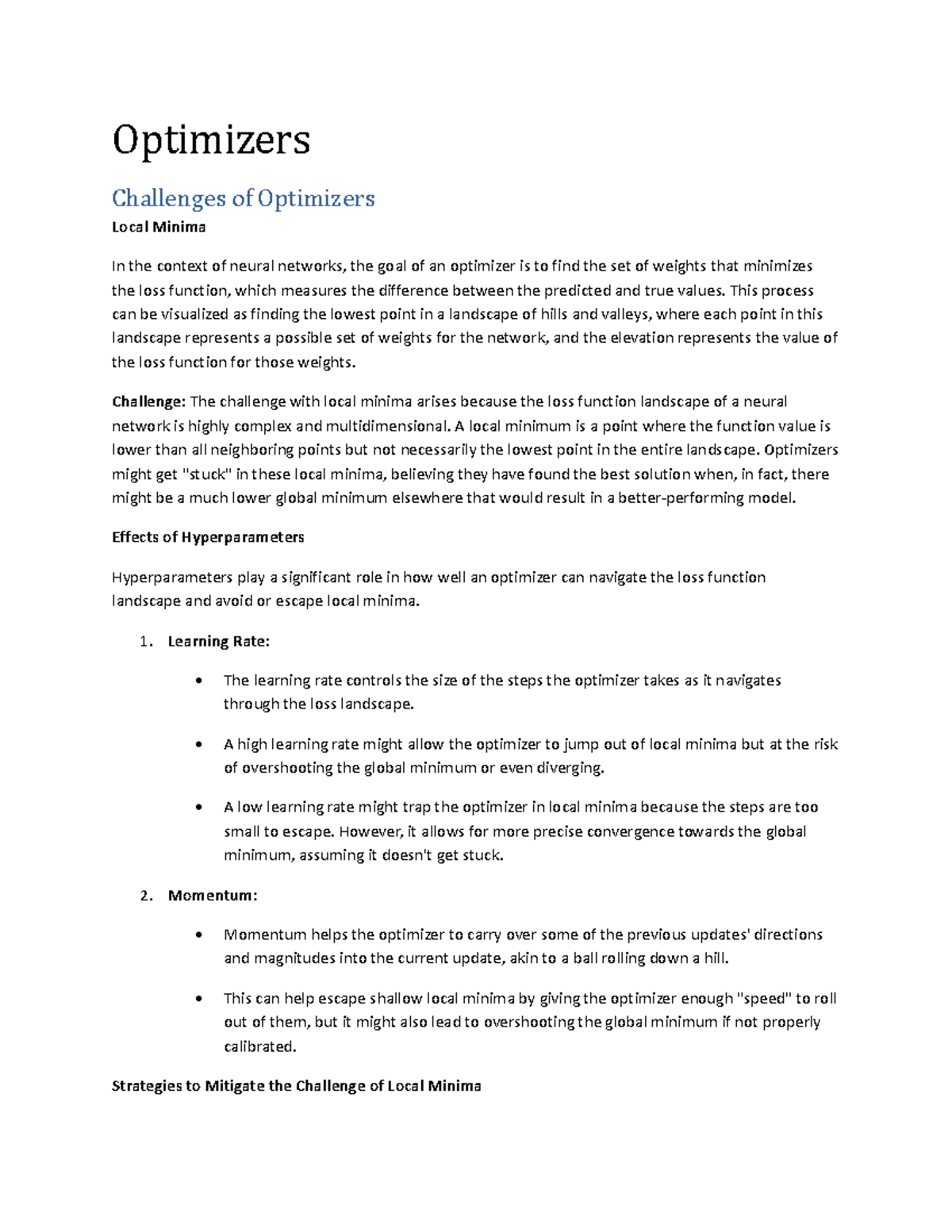 Optimizers - Summary Deep Learning - Optimizers Challenges of ...