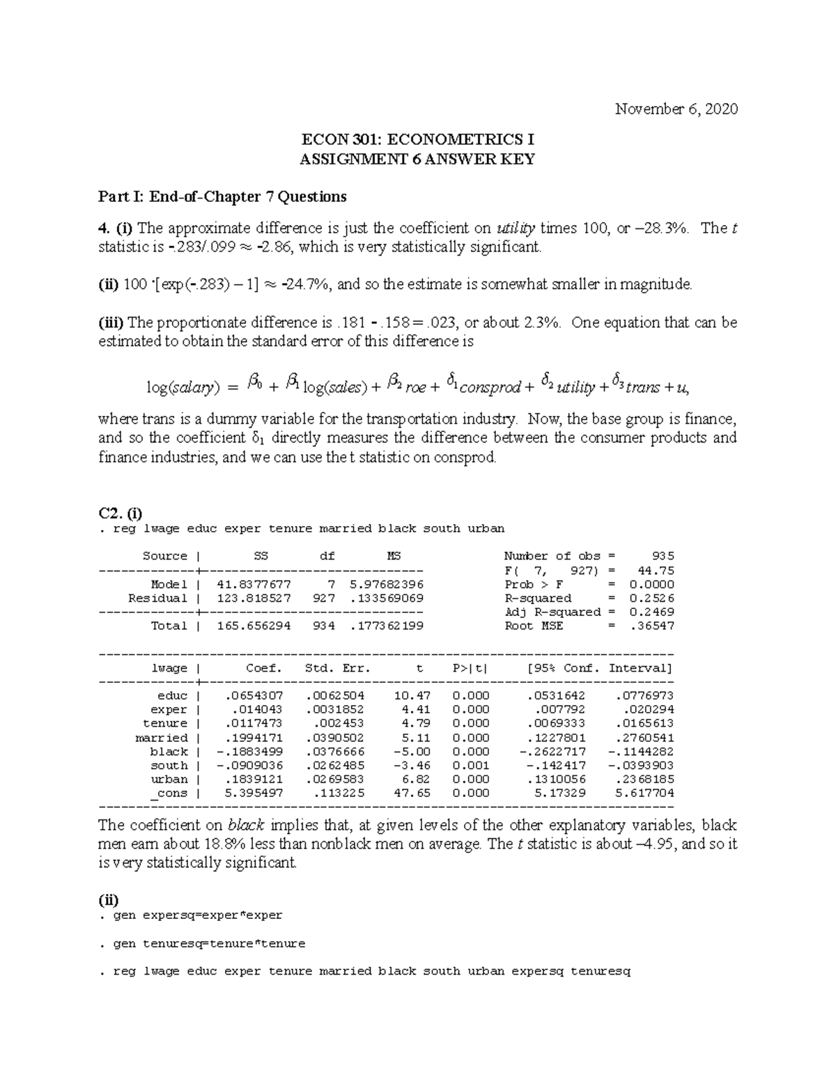 Assignment 6 Answer Key - November 6, 2020 ECON 301: ECONOMETRICS I ...