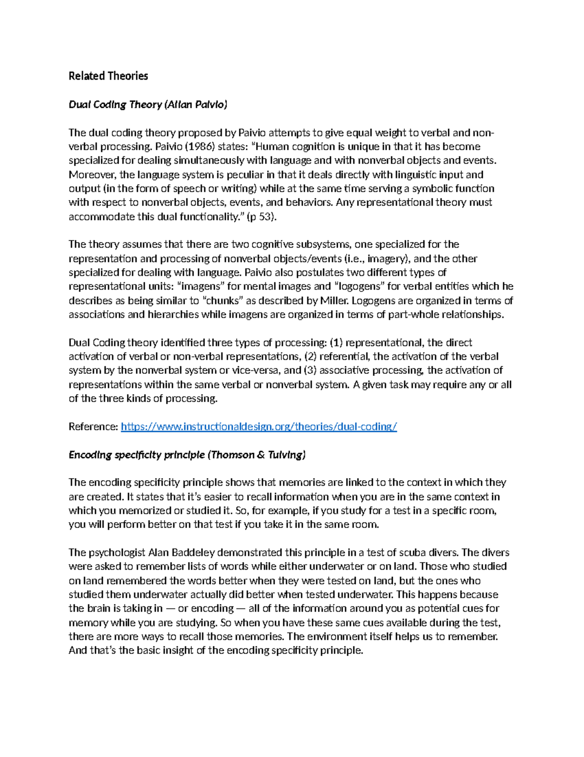 Theories Related Research - Related Theories Dual Coding Theory (Allan ...