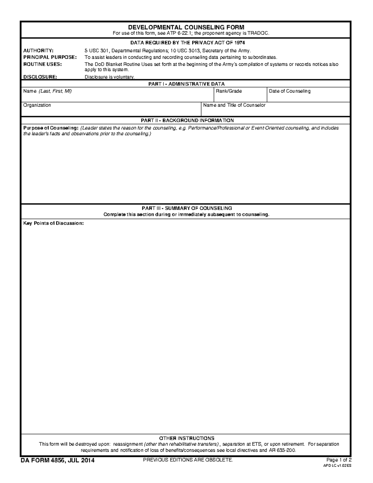 DA Form 4856, Developmental Counseling Form - Name (Last, First, MI ...